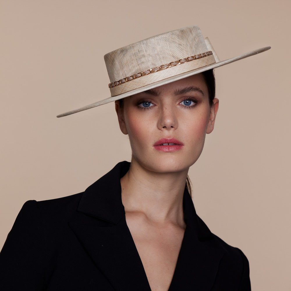 Fine straw boater with gold chain detail – Rachel Trevor-Morgan