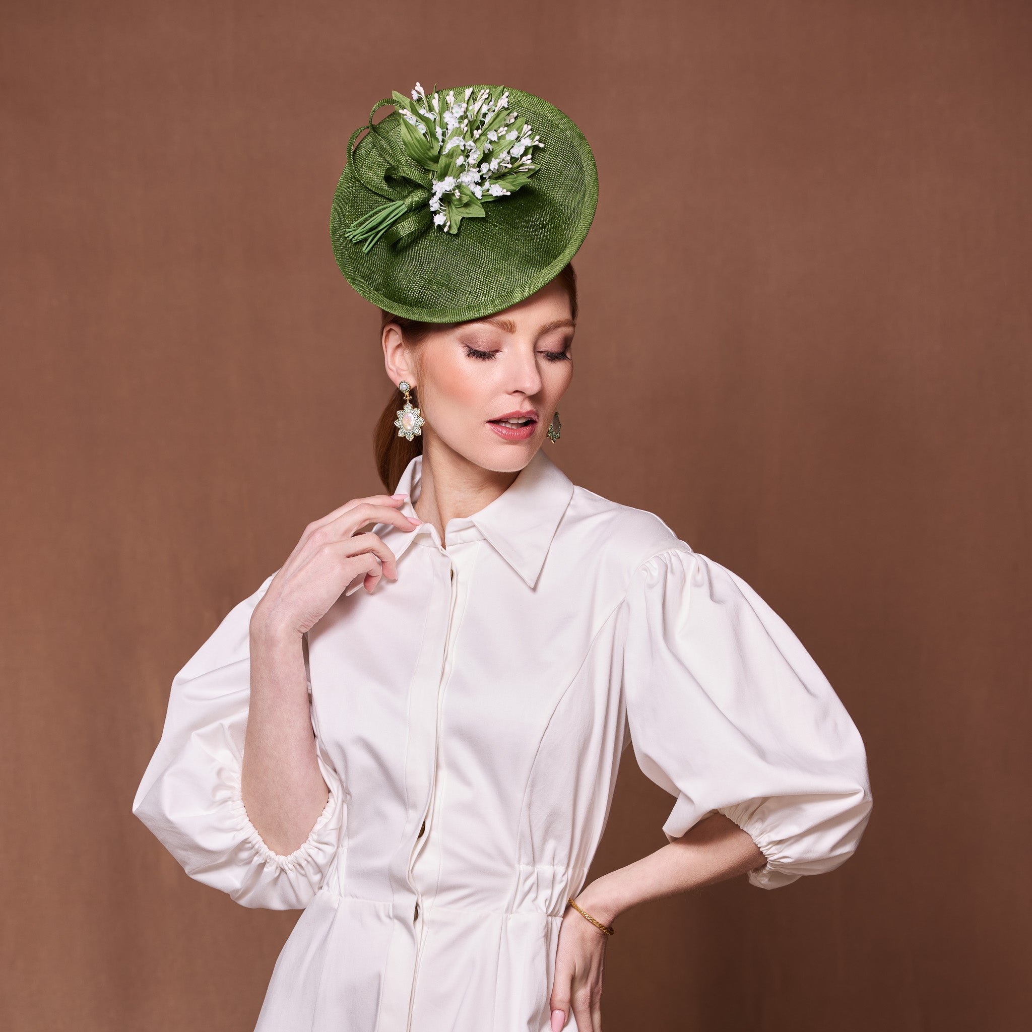 Green fine straw disc with Lily of the Valley bunch – Rachel Trevor-Morgan